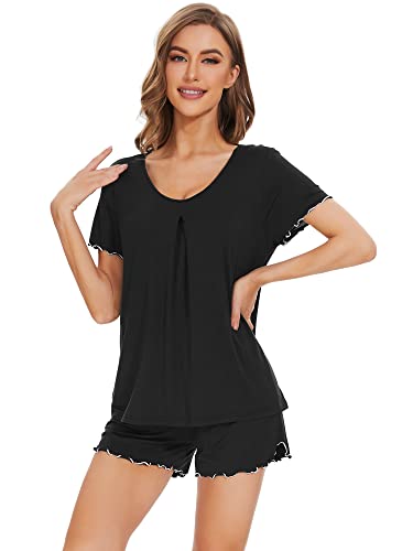 WiWi Bamboo Viscose Pajamas for Women Soft Summer Pajama Short Sets Ruffle Seams Sleepwear Comfy Pleated Pj Set S-XXL, Black, X-Large