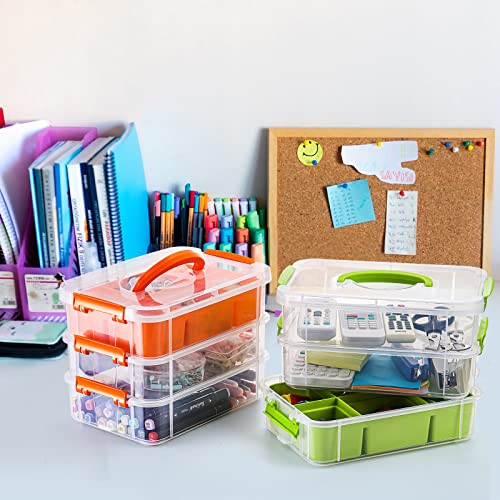 Yesland 3 Layer Stack & Carry Box Set of 2, Small Plastic Dividing Storage Box with Removable Tray Arts and Crafts Organizer Storage Container Portable Sewing Box for Sewing, Green and Orange