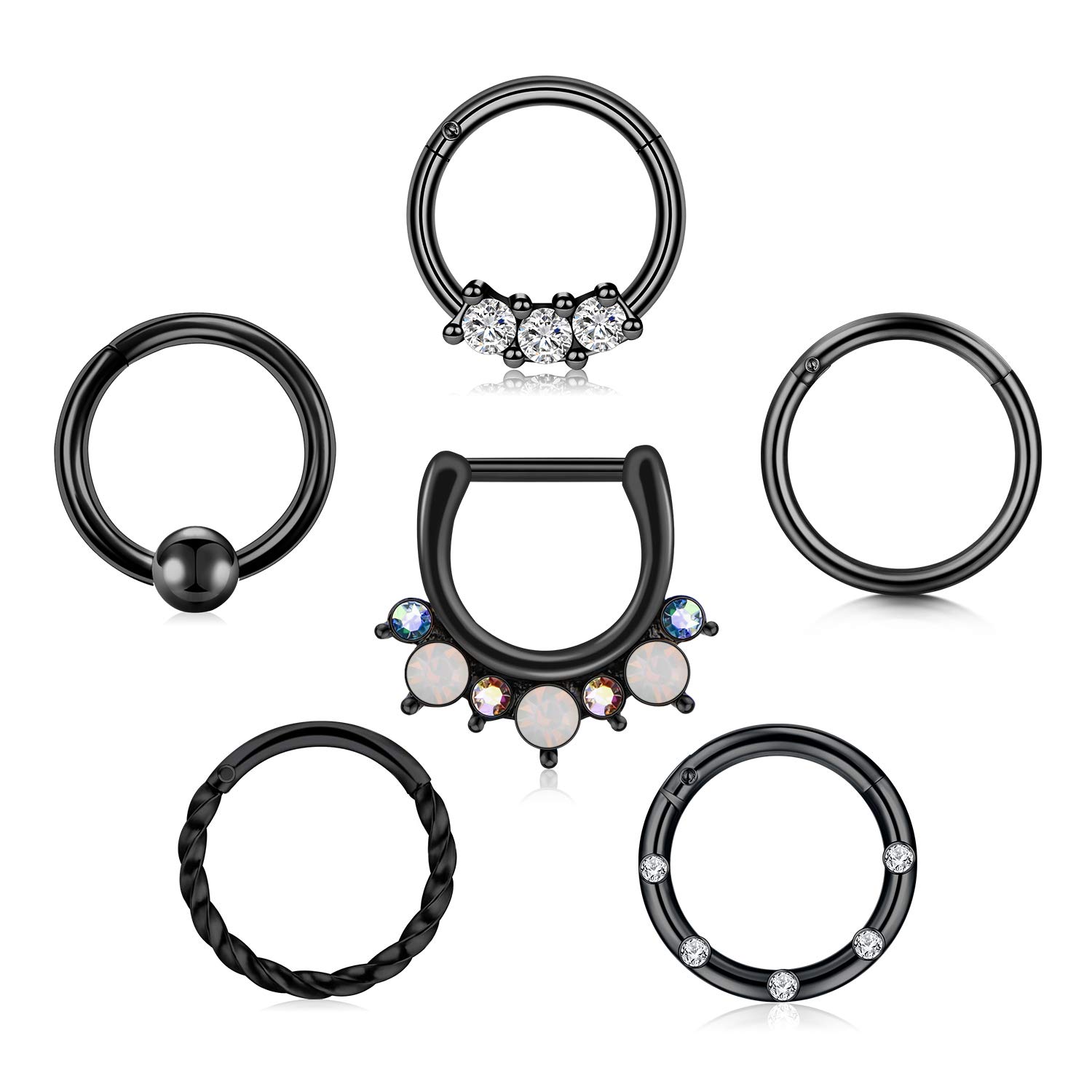 LAURITAMI 16G Stainless Steel Septum Clicker Piercing Jewelry, 6Pcs Set, Black