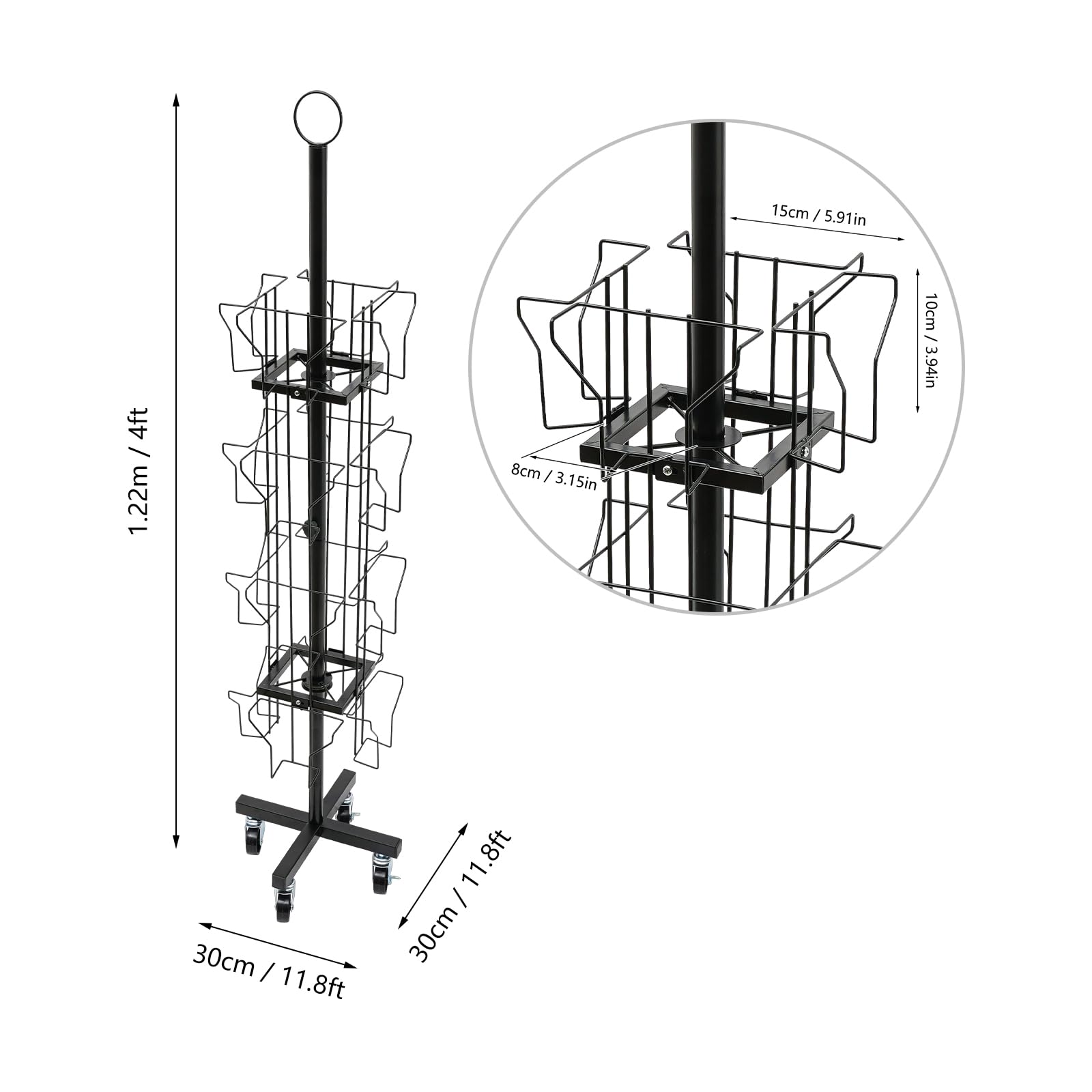 Rotating Greeting Card Display Rack, 4 Tiers Greeting Card Display Rack Christmas with 16 Pockets and 4 Wheels, Rotating Gift Card Display Rack for Vendors, Showcase, Retail, Tradeshow Black