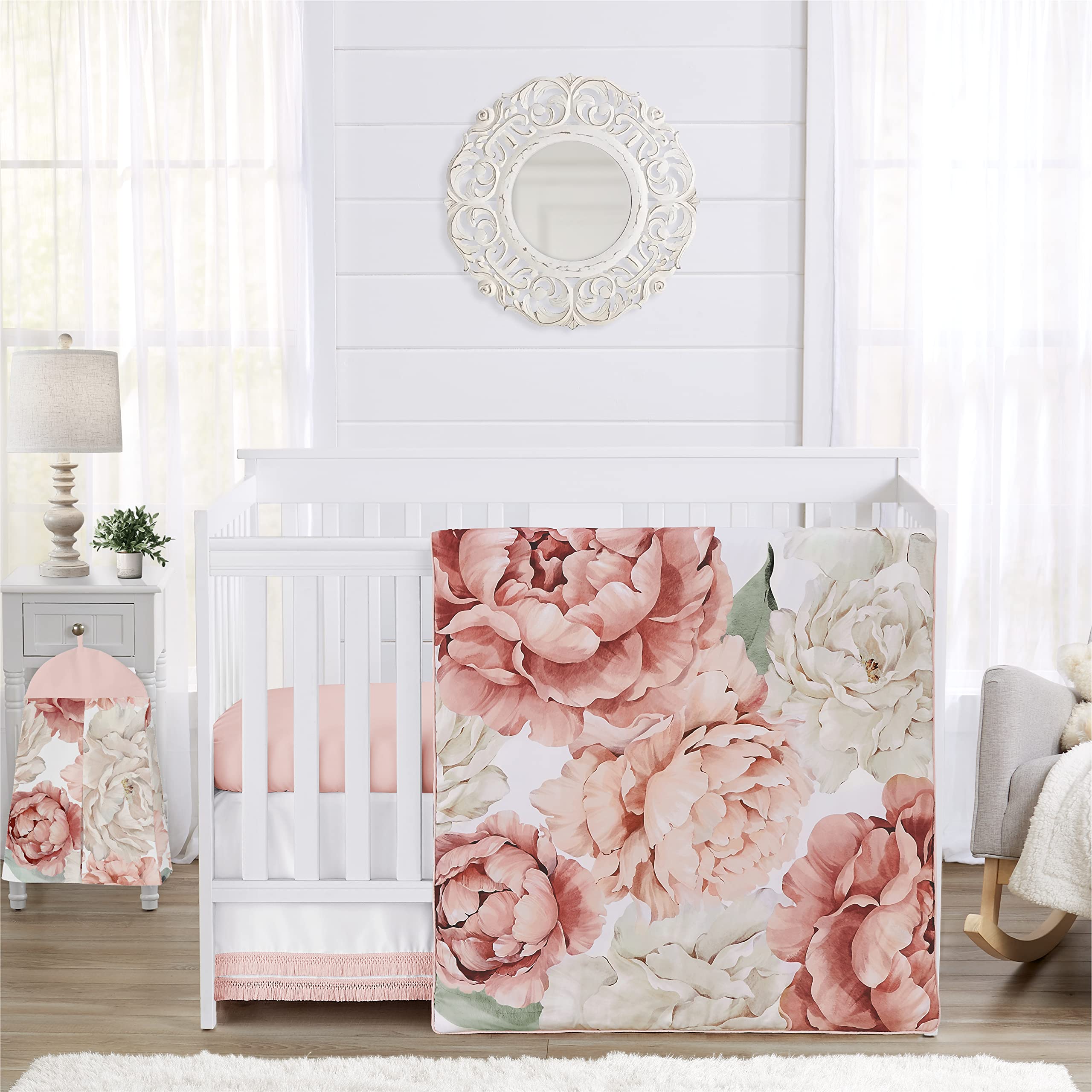 Sweet Jojo Designs Blush Pink Boho Shabby Chic Floral Girl Baby Crib Bedding Set for Infant Nursery â Blanket Fitted Sheet Skirt Diaper Stacker â 4 Pieces Off White Bohemian Watercolor Flower Elegant