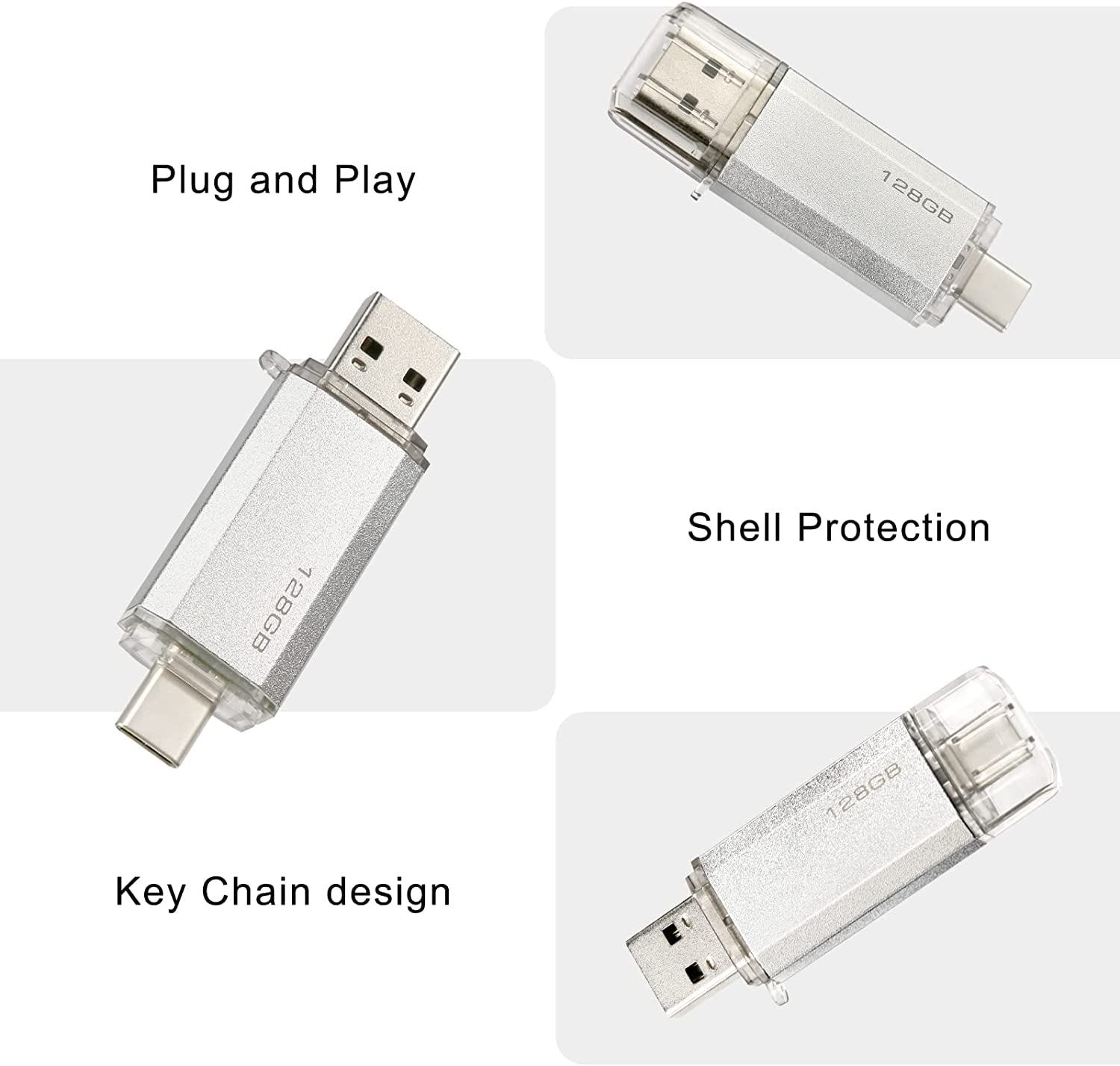 USB Type C Flash Drive 128GB 2-in-1 USB-C Flash Drive High Speed OTG Thumb Drive with Keychain Memory Stick Photo Stick for Android Phones MacBook Tablets PC,Sliver