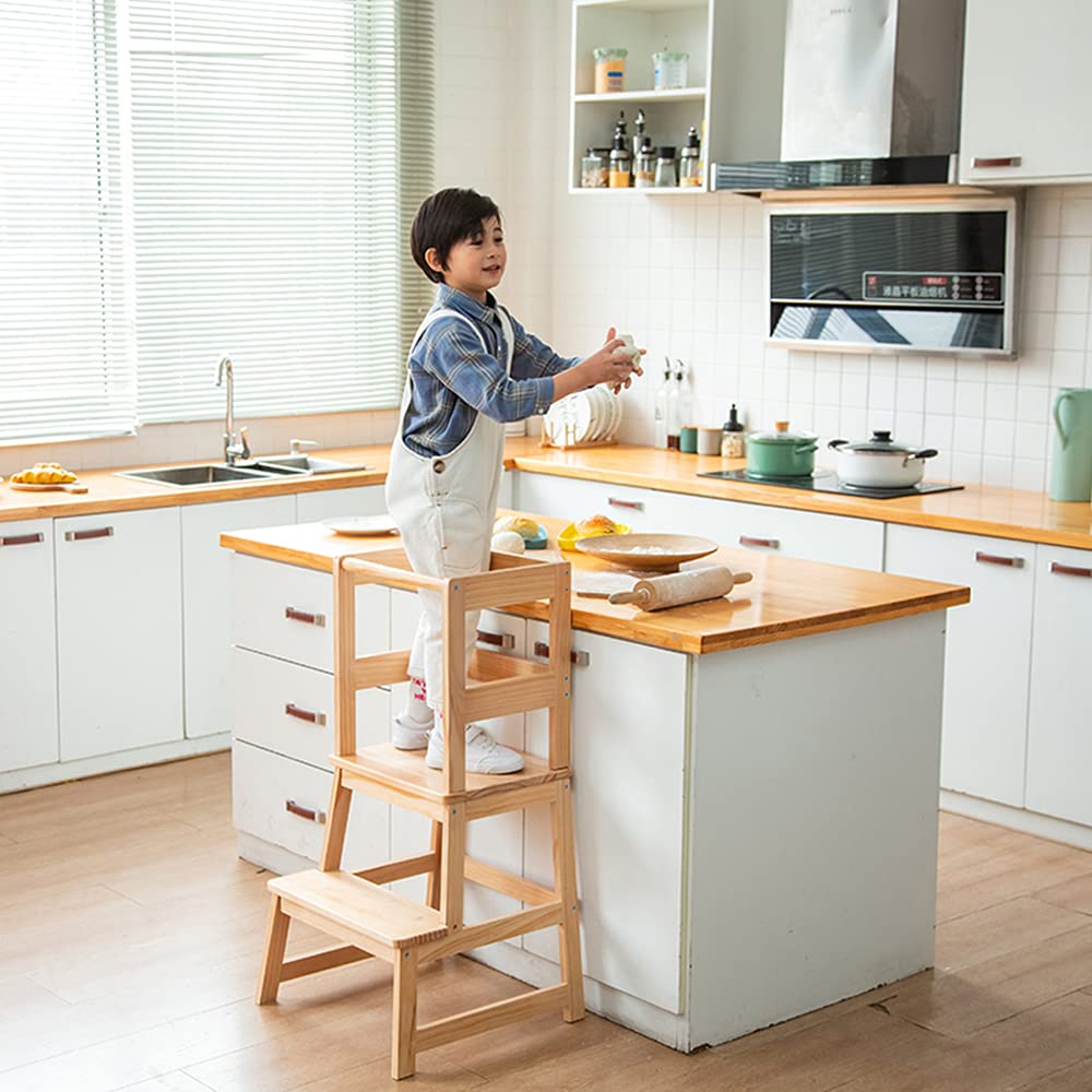 KATARUS Kitchen Step Stool for Kids and Toddlers with Safety Rail Children Standing Tower for Kitchen Counter, Step Up Learning Stool Monthers' Helper, Solid Hardwood Construction, Natural Finish