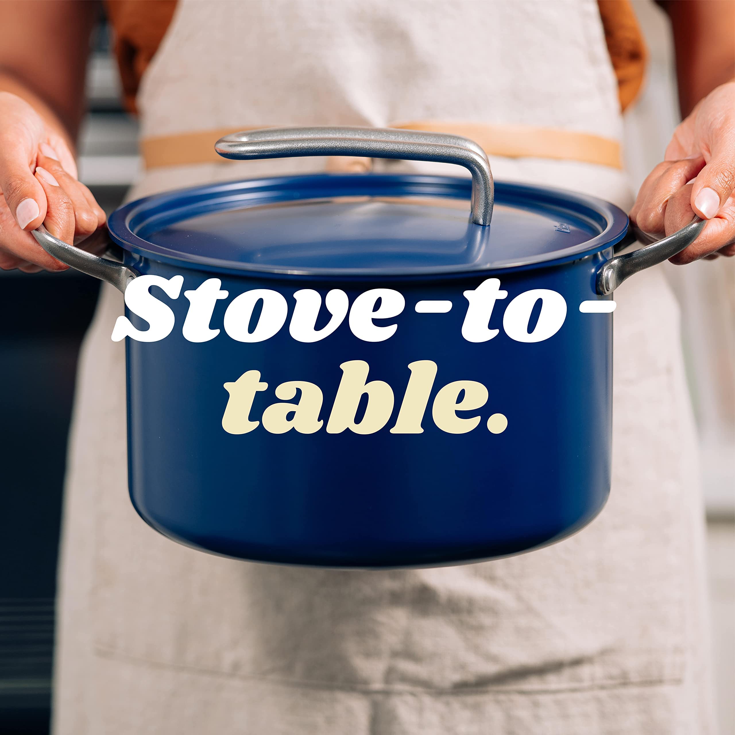 Nontoxic, nonstick BPA-free Risa kitchen stock pot with lid and pot holders for gas, electric, & induction stove by Eva Longoria - Deep Blue