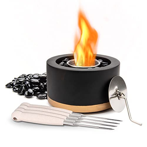 TKS Tabletop Fire Pit Indoor and Outdoor Use Fireplace with 4 Skewers Mini Personal Fire Pit Great for Roasting Marshmallows (Black/Gold)