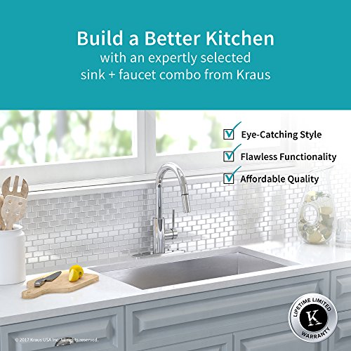 Kraus KHU32-2620-41CH 31 ½ Inch Chrome Combo with Pax Zero-Radius Handmade Undermount Bowl 16 Gauge Stainless Steel Sink and Oletto Single Handle Pull Down Kitchen Faucet with Soap Dispenser