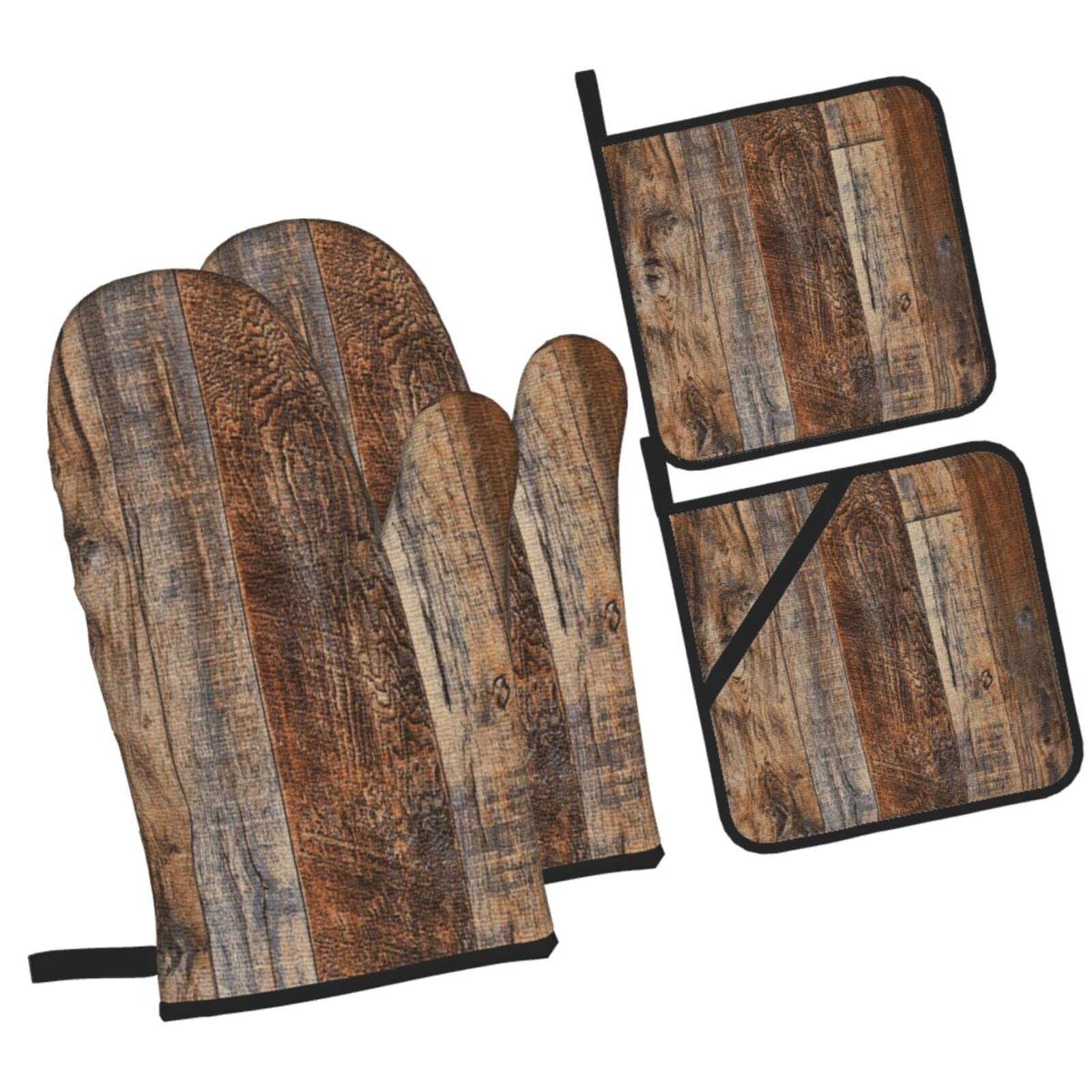 Oven Mitts and Pot Holders Sets of 4,Vintage Brown Wood Splicing Pattern,Oven Mitts Heat Resistant Oven Gloves Set Potholders for Kitchen Baking Grilling