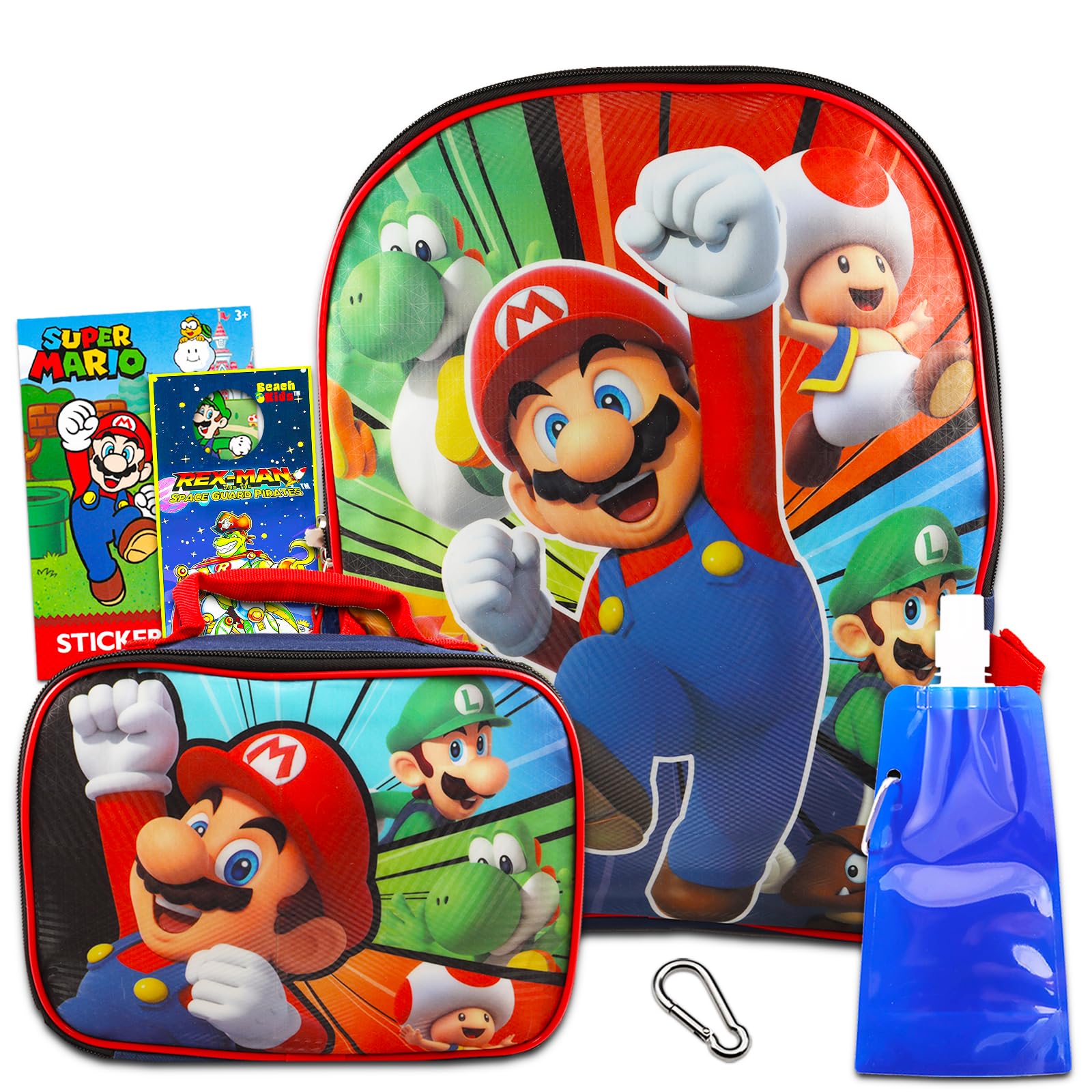 Mario Shop Super Mario Backpack With Lunch Box For Kids ~ 4 Pc Bundle Featuring Mario, Yoshi, and Luigi, With School Bag, Stickers, Lunch Bag And More | Nintendo School Supplies