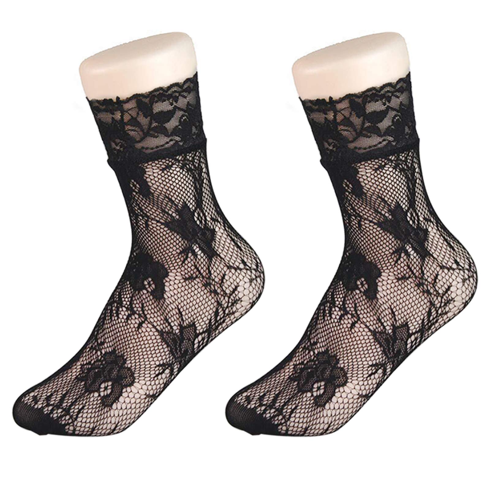 Lamdgbway 6 Pairs Women Lace Ankle Socks Fishnet Short Stockings Black 3