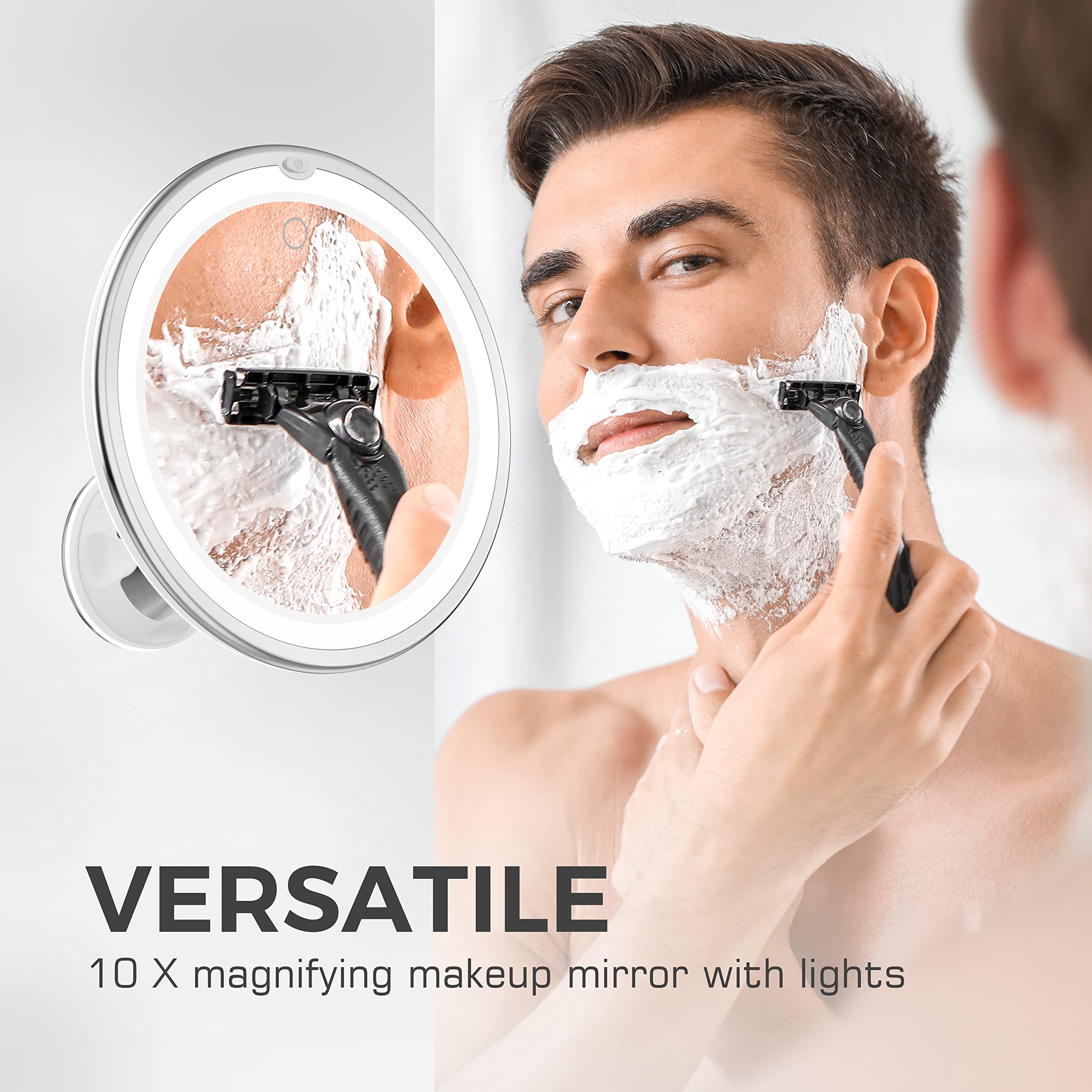 Vimdiff 10X Magnifying Mirror with Light, Makeup Mirror with Touch Control LED Lights, 360 Degree Rotating Arm, and Powerful Locking Suction Cup, Mirror with Lights for Bathroom Vanity and Travel