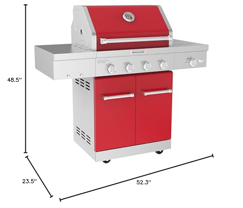 KitchenAid 4-Burner 55,000 BTU Stainless Steel Propane Gas Grill with Searing Side Burner, Red