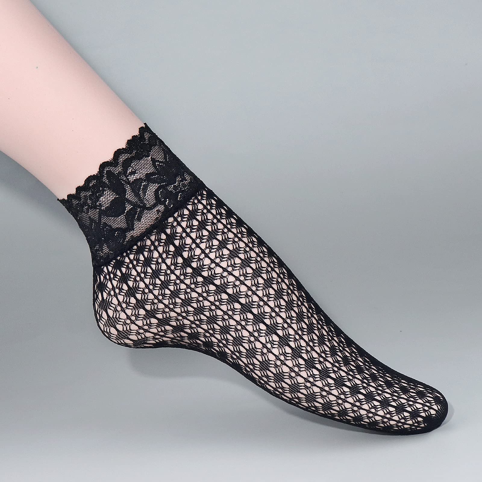 Lamdgbway 6 Pairs Women Lace Ankle Socks Fishnet Short Stockings Black 5