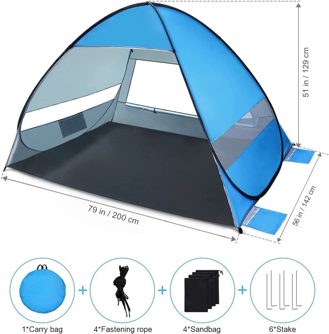 Pop Up Beach Tent for 4 Person Easy Setup and Portable Beach Shade Sun Shelter Canopy with UPF 50+ UV Protection for Family Size