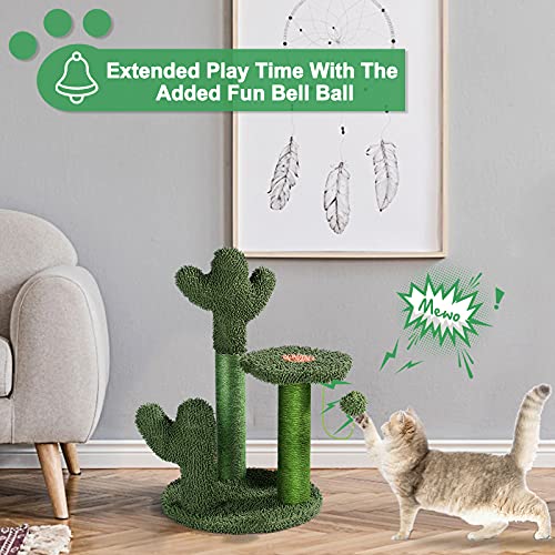 T2Y Cat Scratching Post - Cactus Cat Scratcher Tower with 3 Scratch Post and Dangling Bell Ball, Full Wrapped Premium Natural Sisal Scratching Post for Indoor Cats - Medium