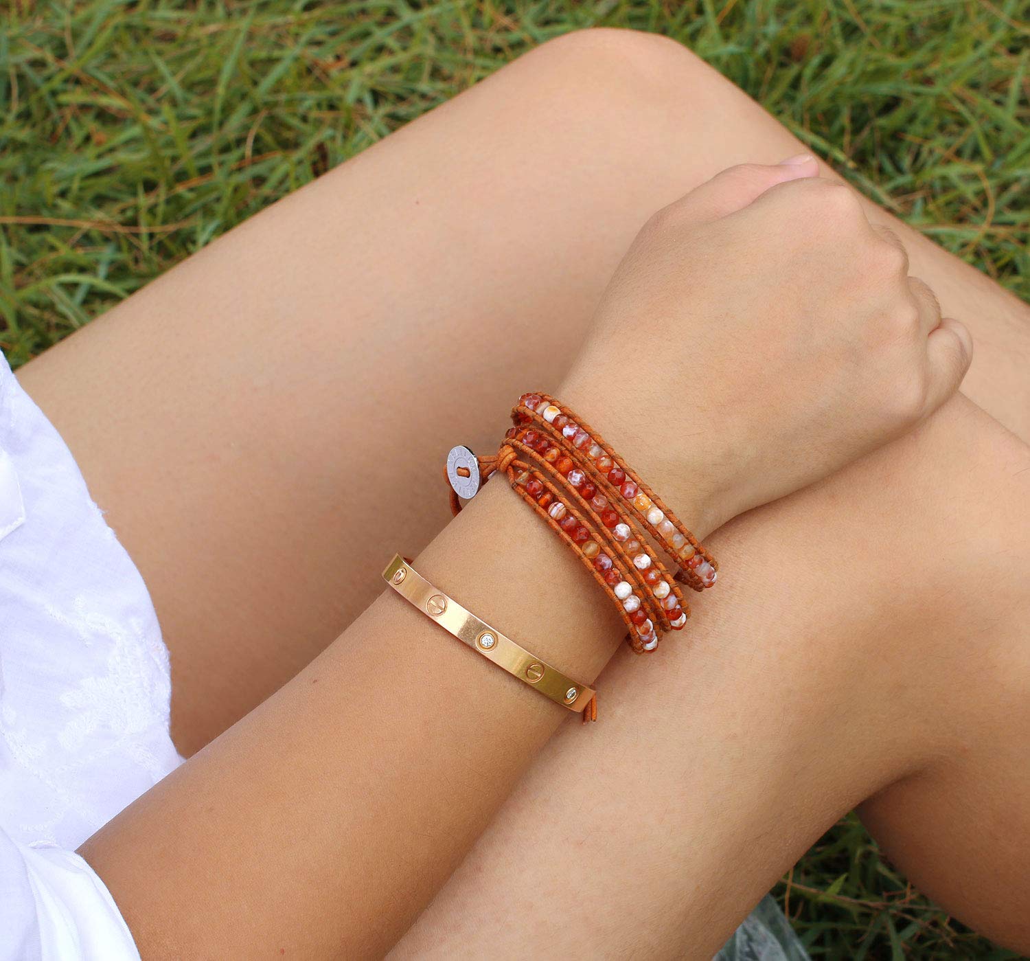 KELITCH Fire Agate Beads Bracelet Genuine Leather 3 Wrap Bracelet Handmade New Charm Bracelets Summer Jewelry
