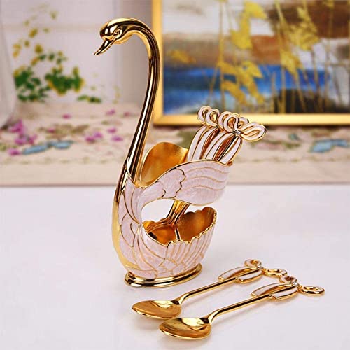 Metal Coffee Dessert Dinner Spoon Set, Teaspoon Fruit Dessert Flatware Swan Base Holder Metal Coffee Spoon Organizer with 6pcs Coffee Dessert Sugar Ice Cream Spoons (Gold)