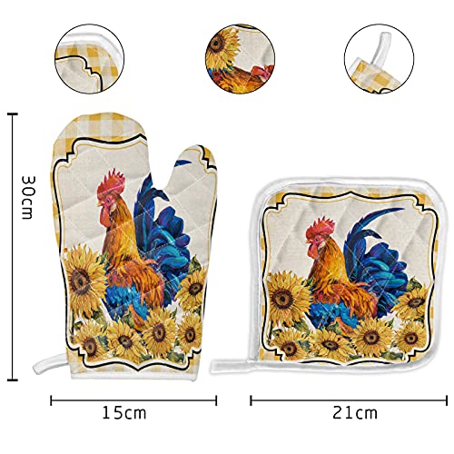 Oven Mitts Set Non-Slip Kitchen Gloves with Potholders Farm Country Rooster And Sunflower On Yellow Buffalo Plaid Super Insulated Mitt Set for Baking,Grilling,BBQ 2Pcs