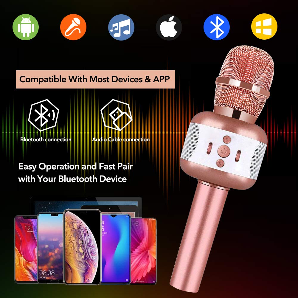 LEERON Microphone for Kids, Kids Microphone Adults Wireless Microphone Speaker, Fun Toy Microphone for Girls Boys,Portable Rechargeable Bluetooth Microphone for Home KTV, Birthday Party Decorations