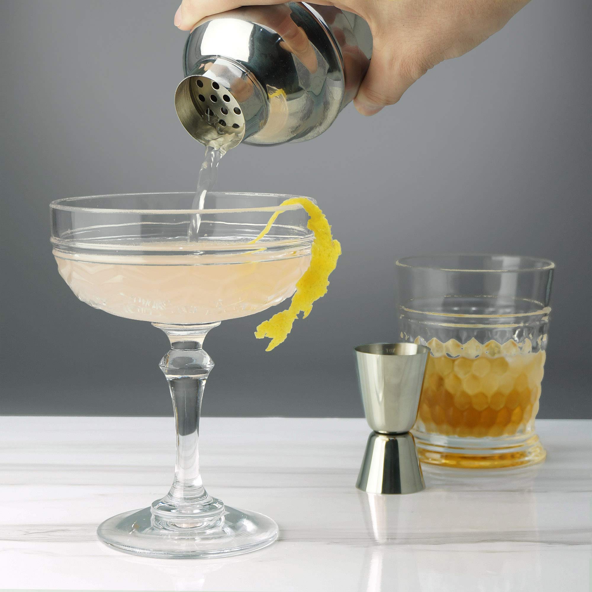PG Professional Bartender Kit - 6PC Premium Cocktail Stainless Steel Shaker Set - 24oz Martini Shaker Gloss Finish, with Muddler, Stirring Spoon, 2x Wine Pourer, and Double Jigger