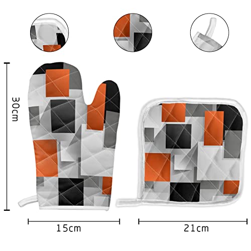 Oven Mitts, Geometric Figures Anti-Skid Cooking Gloves for BBQ, Microwave, Baking, Cooking, Thermal Insulation Hot Pads Potholders for Handling Hot Cookware Orange Grey Black Color Block