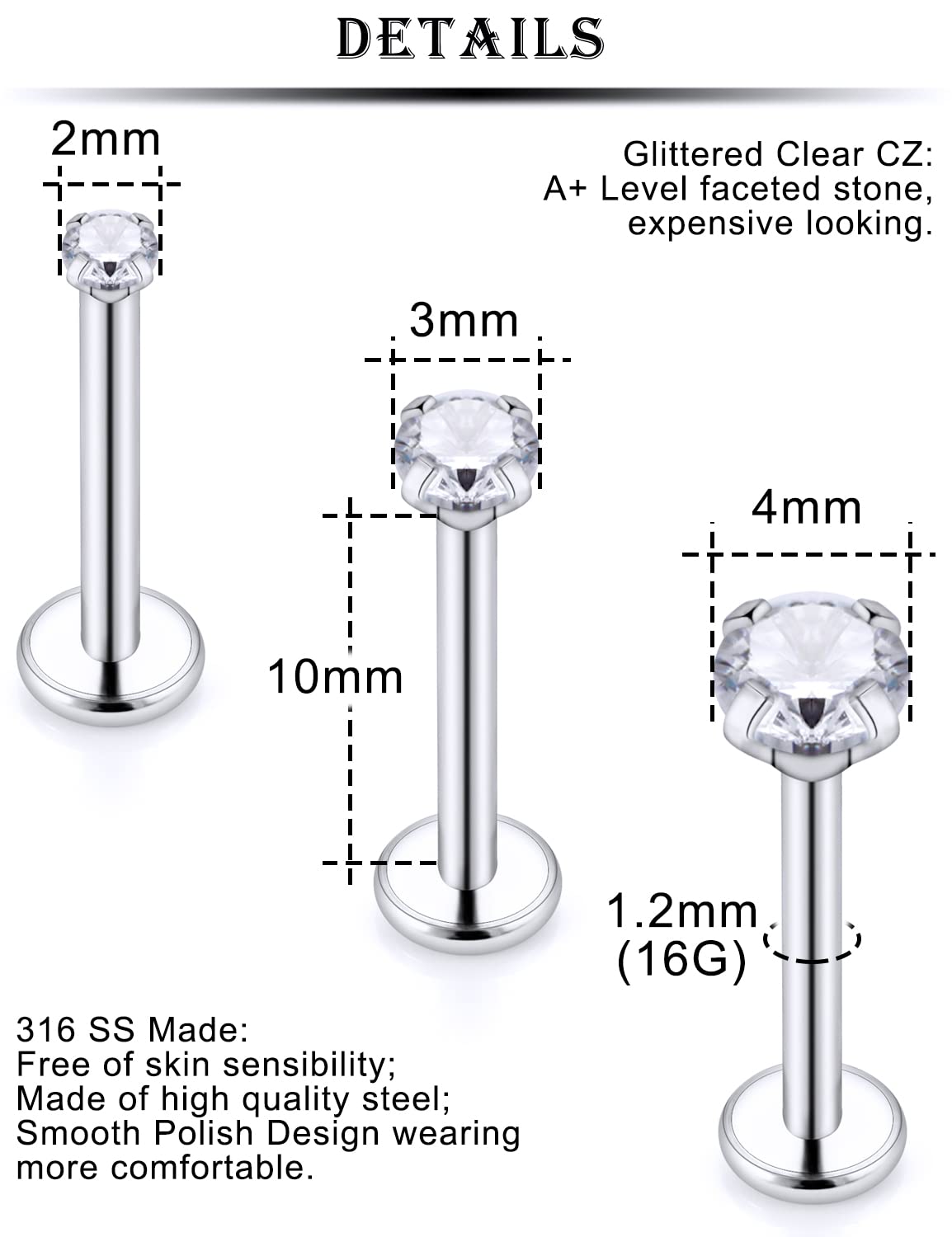 Kridzisw 16G Lip Labret Medusa Monroe Ring Stud Piercing Jewelry 16 Gauge Stainless Surgical Steel Snake Bite Ashley Lip Ring Flat Back Silver Catilage Tragus Helix Earring Piercing Jewelry Women Men
