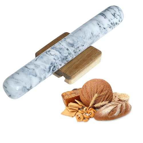Marble Rolling Pin with Wood Cradle 12 Inch Black, Non-Stick Dough Roller Professional Essential Kitchen Utensil French Heavy Duty for Baking, Pizza, Fondant, Pie Crust, Cookie, Pastry
