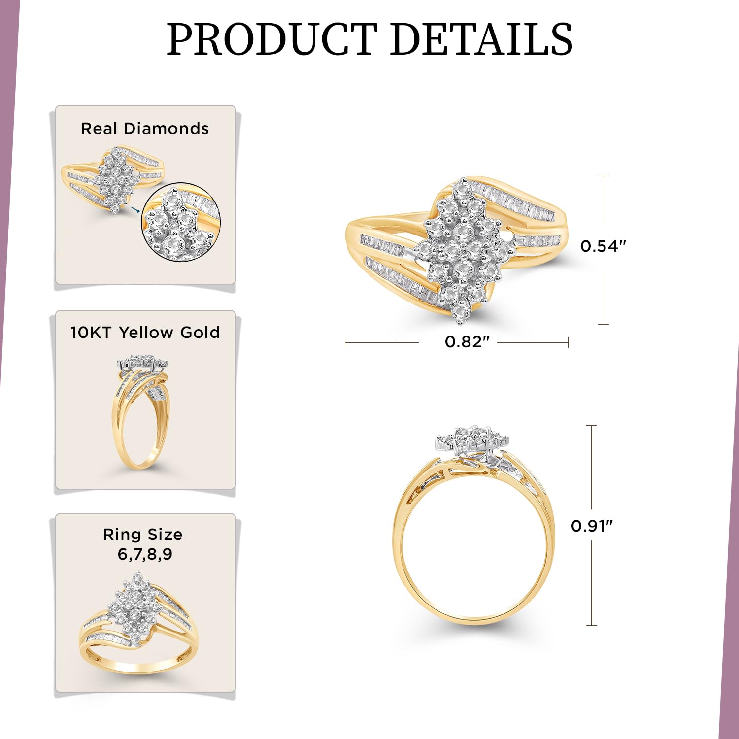 Jewelili 10k Yellow Gold Cluster Ring with Natural White Round and Baguette Diamonds, 1/2 cttw, Size 7
