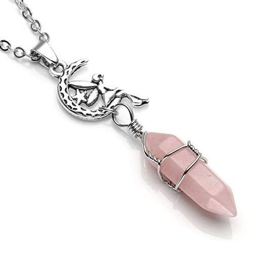 Jovivi Natural Rose Quartz Crystal Necklace Gemstone Hexagonal Healing Stone Point Chakra Pendant Necklace 24"