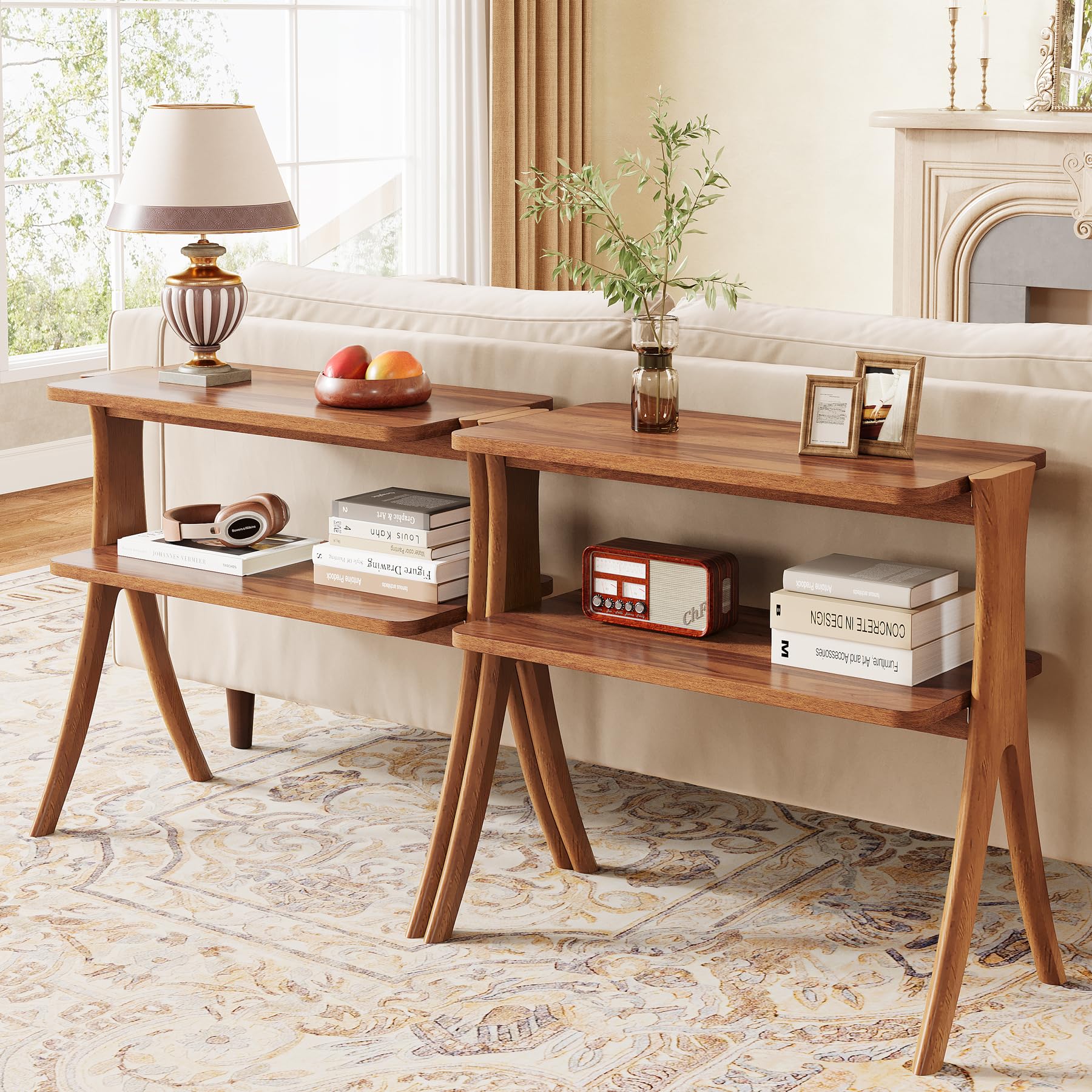 Tribesigns Narrow Side Table for Living Room, Farmhouse End Table with 2-Tier Storage Shelf and Solid Wood Legs, Slim Modern Bedside Table Nightstand for Bedroom, Small Spaces, Entryway, Walnut (2)