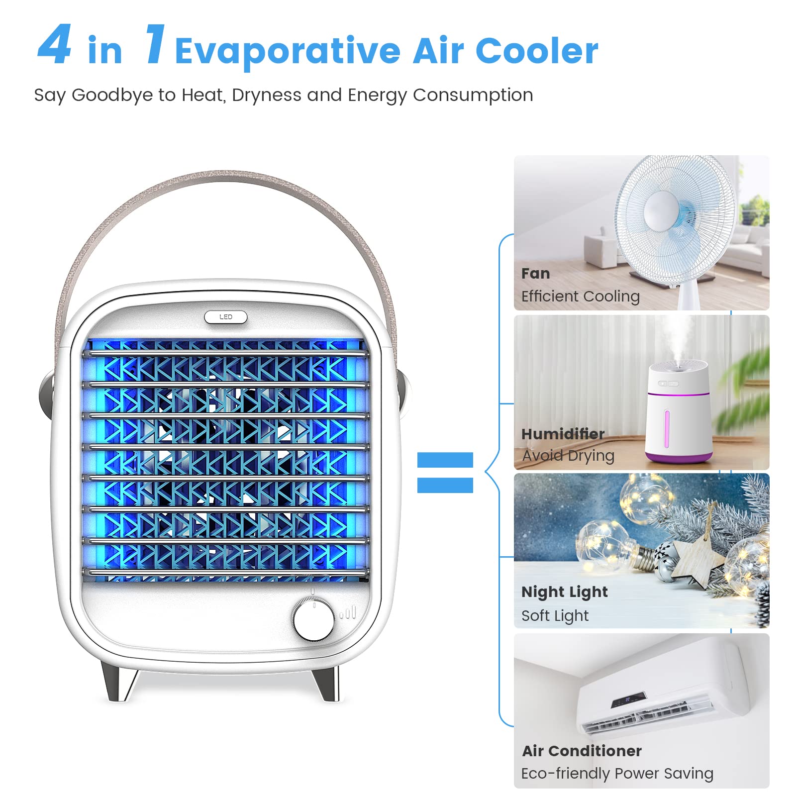 Portable AC, Mini AC Personal Air Cooler for Bedroom, Desk, Office, Car Camping, Small Mini Portable Air Conditioner Evaporative Air Cooler USB Power LED Light, Low Noise