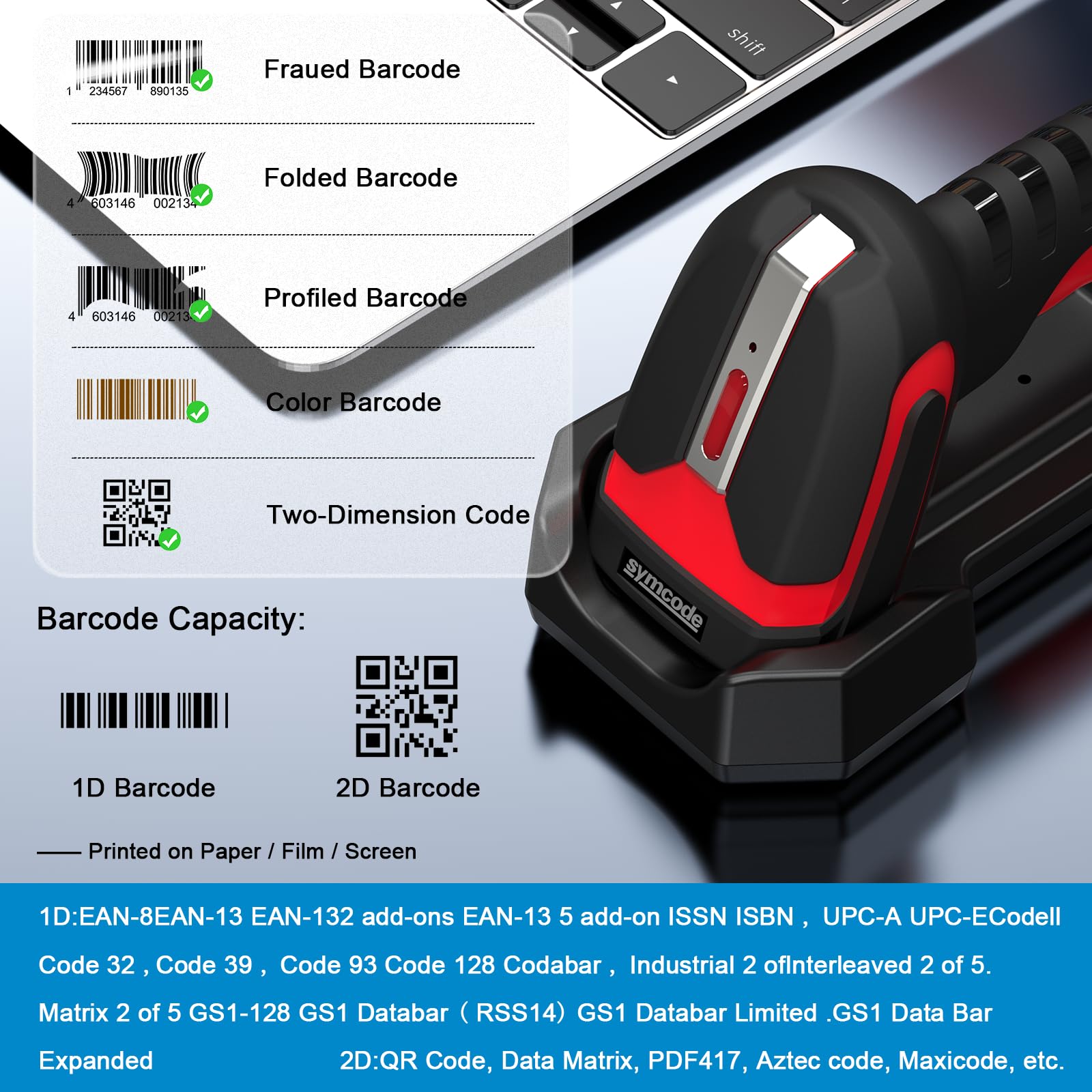 Symcode 2D QR Industrial Barcode Scanner with Wireless Charging Stand, Rugged Heavy Duty 2000 Feet Transmission Distance 433Mhz 2-in-1 Bluetooth & Wireless Hands-Free Barcode Reader for Laptop Tablet