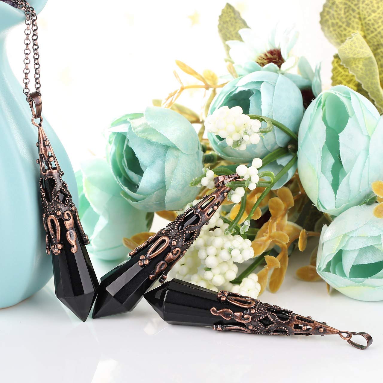 Jovivi Natural Black Obsidian Crystal Necklace 12 Facted Therapy Healing Dowsing Divination Pendulum Pendant Reiki Charged Chakra Balancing