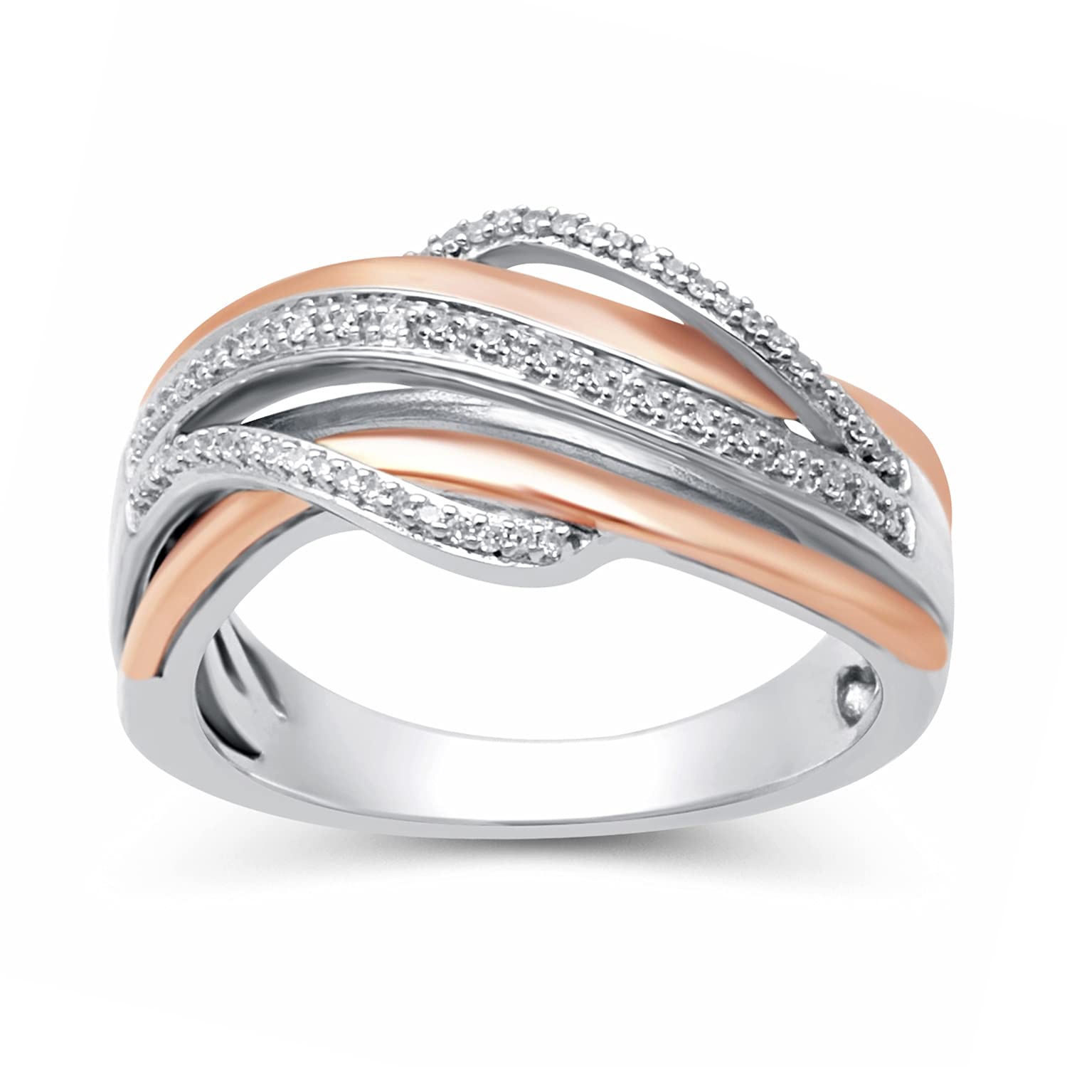 Jewelili 14K Rose Gold over Sterling Silver 1/10 cttw Natural White Diamonds Crossover Fashion Ring Size 6