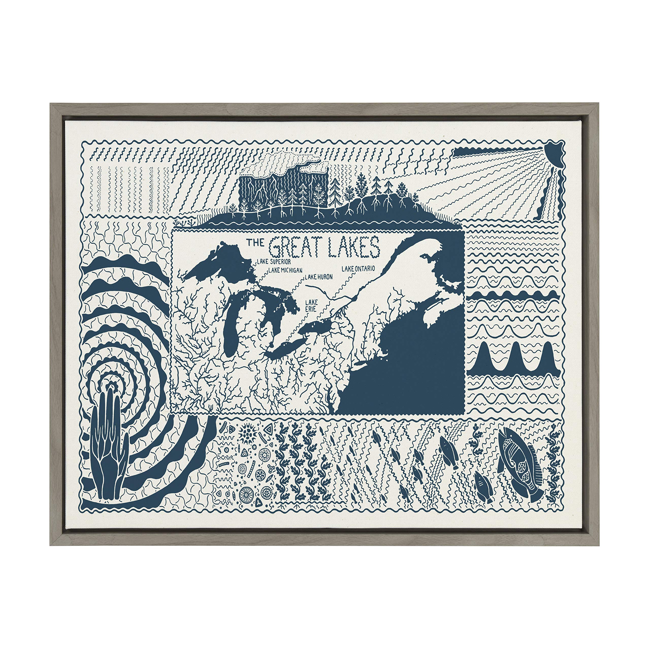 Kate and Laurel Sylvie Great Lakes Framed Canvas Wall Art by Erin Anderson-Ruddon, 18x24 Gray, Transitional Midwest Art