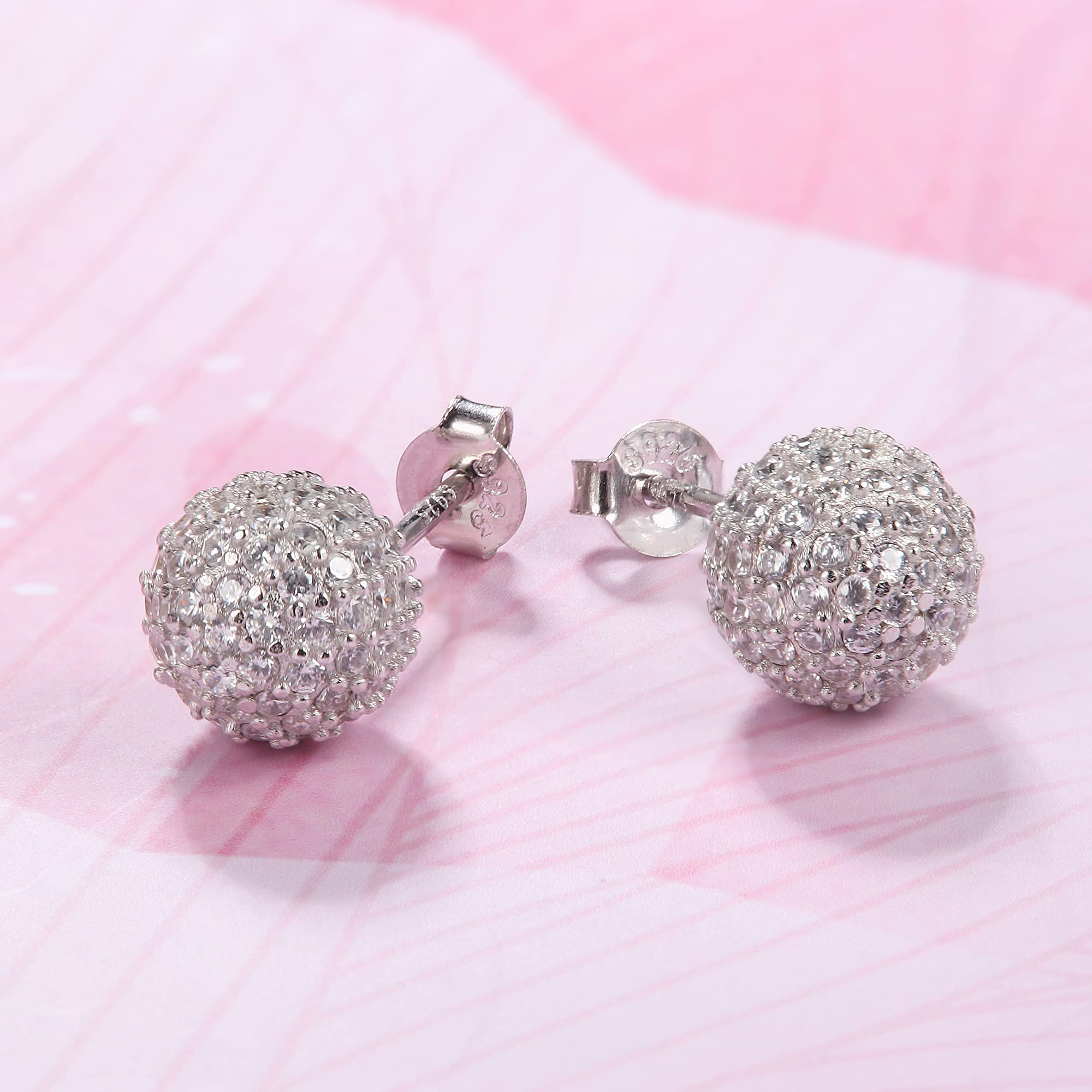 MILACOLATO 18K Gold Plated 925 Sterling Silver Stud Earrings for Women Clear Cubic Zirconia Disco Earrings Sparkle Crystal Ball Stud Earrings for Sensitive Ears Hyapollergenic, 8mm
