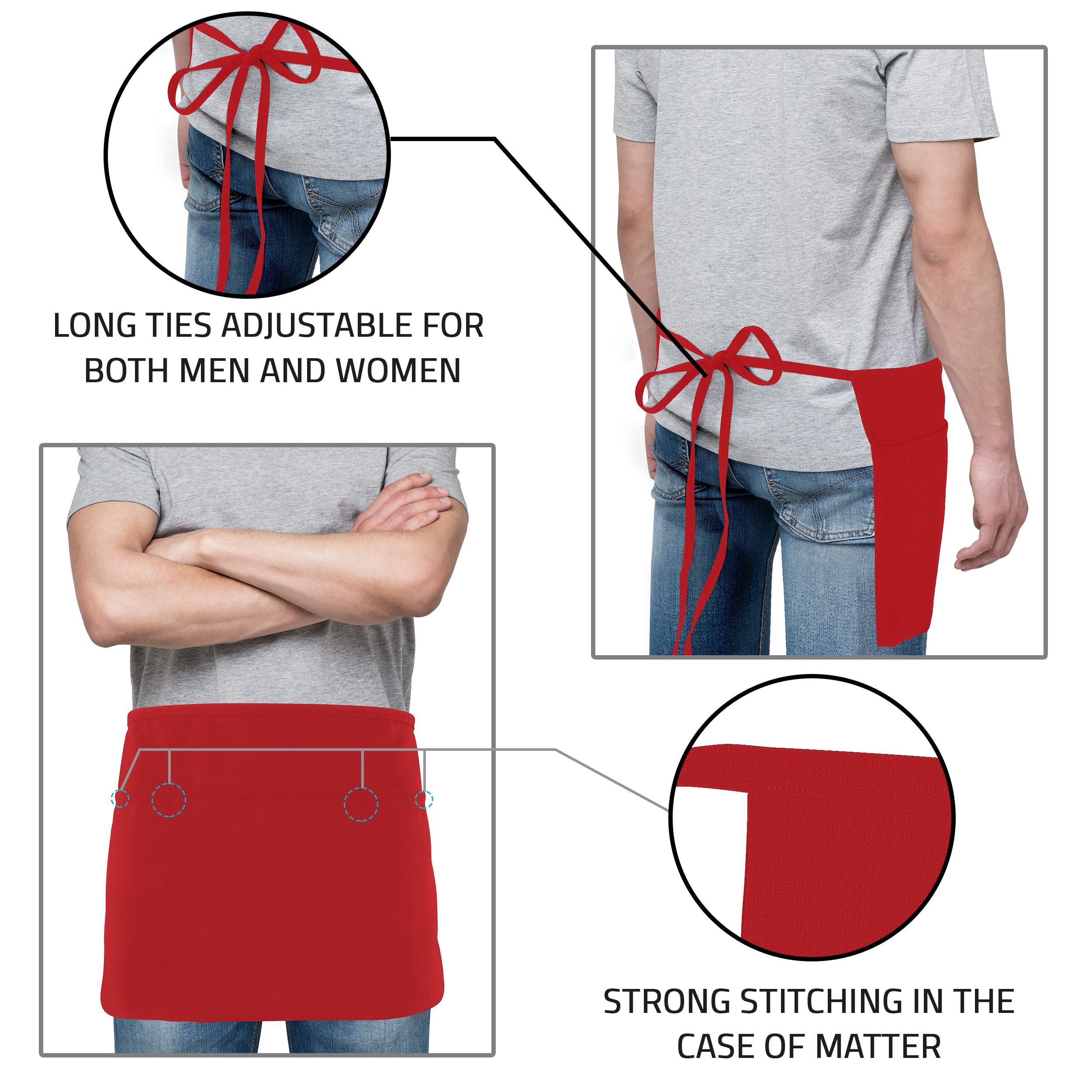 Utopia Wear 3 Pocket Waist Apron [Pack of 12], Server Waitress short for Men Women, Kitchen, Restaurant, Crafting, BBQ Work Server Aprons (Red)