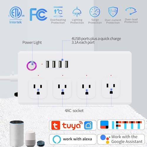 Smart Extension Cord Jinvoo WiFi Surge Protector Power Strip with 4 Individually Controlled AC Outlets and 4 USB Ports Works with Alexa & Google Home