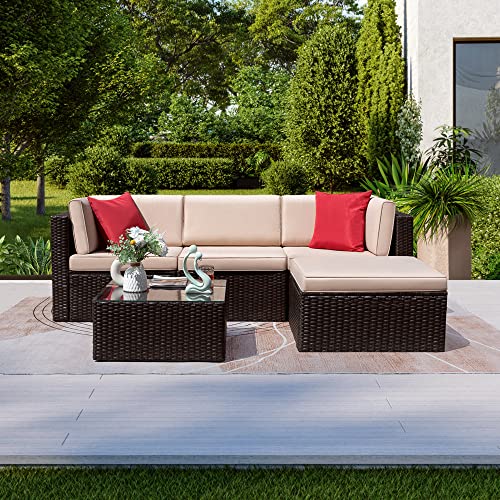 Rankok 5 Pieces Patio Furniture Sectional Outdoor PE Rattan Wicker Lawn Conversation Cushioned Garden Sofa Set (Beige) …