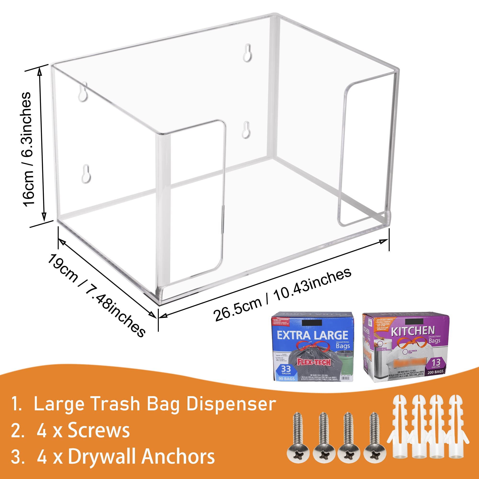 SEANADO Extra Large Trash Bag Dispenser Roll Holder, Wall Mount Acrylic Kitchen Cabinet Organizer Storage Box Holder for Garbage Bag Grocery Plastic Shopping Bag Container (10.4 x 7.5 x 6.3 inches)