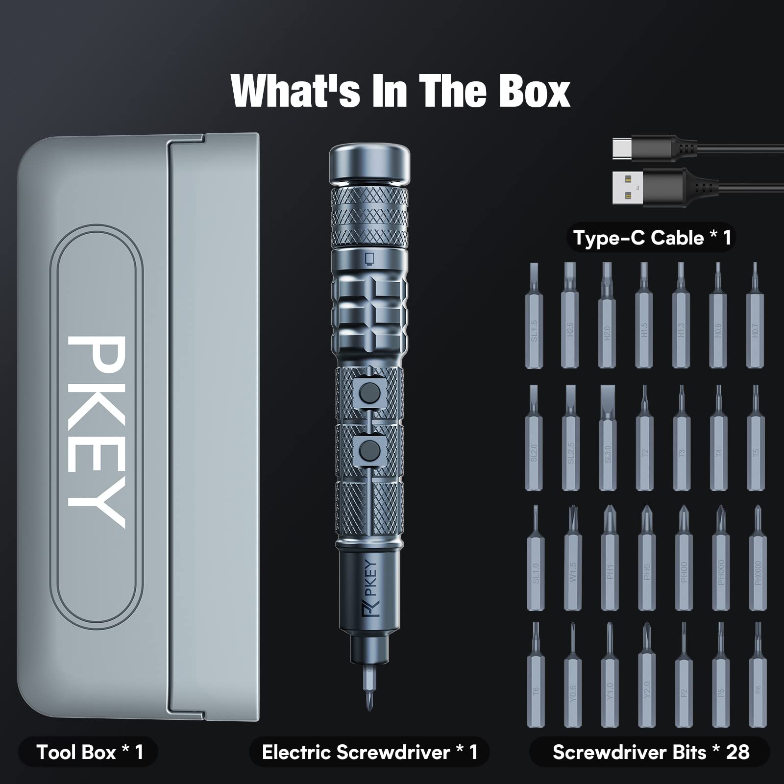 PKEY Mini Electric Screwdriver Set,Precision Electric Screwdriver, Cordless with 28 Precision Magnetic Bits, 3 Gears Torque, Overload Protection, Repair Tool Set for Phone Camera Laptop Watch