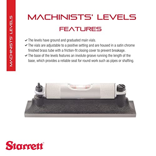 Starrett Machinists' Level with Ground and Graduated Main Vial - Ideal for Machine Shop and Tool Room Use - 4" (100mm) Length, Without Case and Cross Test Vial - 98-4
