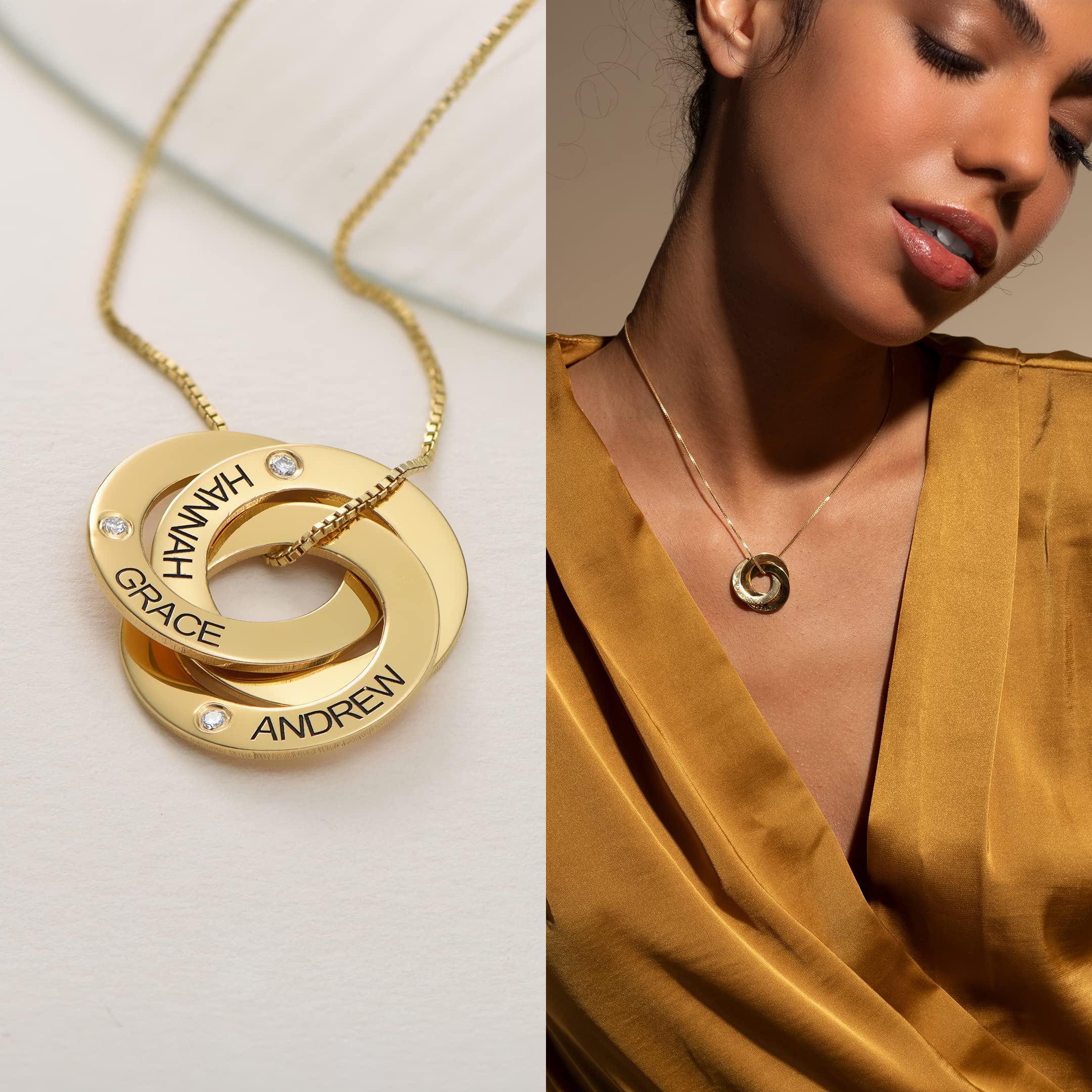 MYKA - Russian Ring Engraved Name Necklace with Diamonds Personalized 3 Circles Discs Inscription Customization Mother's Day Jewelry Gift… (18k Gold Plating)