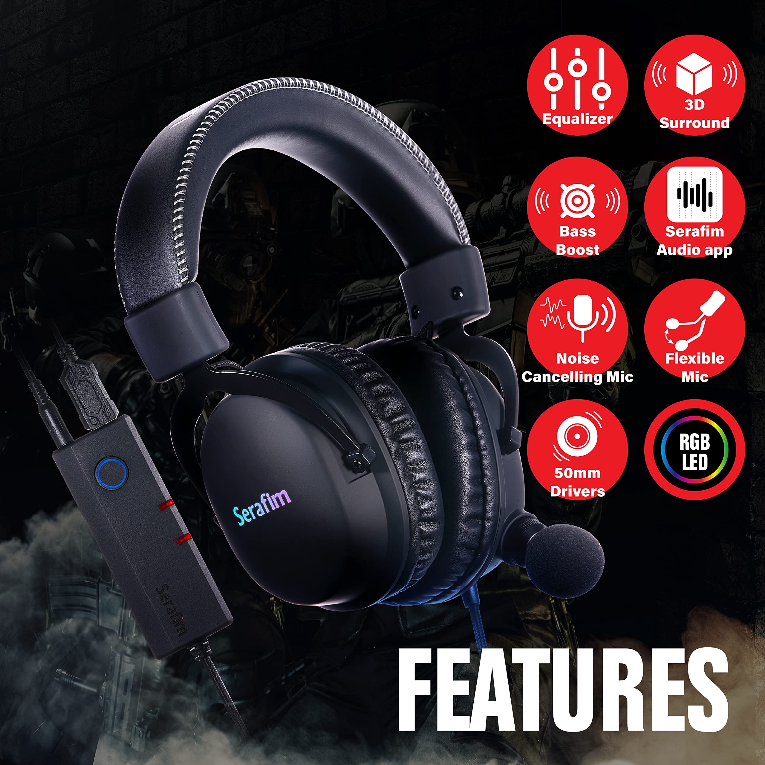 Serafim A1 Gaming Headset with Exclusive Equalizer Detachable Mic Bass Boost 3D Surround Sound for PC Xbox One Series X|S PS5 PS4 Nintendo Switch Mac iPhone Mobile 3.5mm Jack - Wired Black