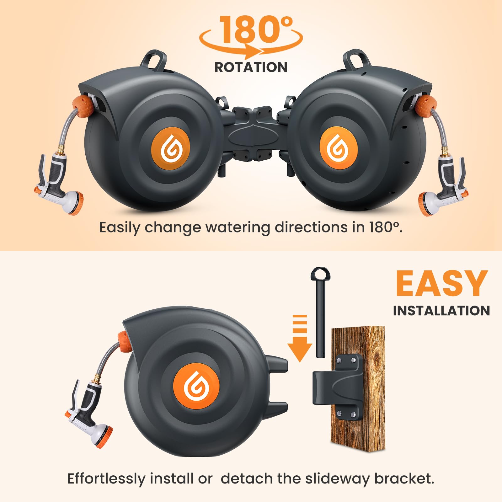 Retractable Garden Hose Reel 100ft, 1/2"Reinforced Leak-proof Water Hose, 10-Pattern Hose Nozzle, Slow Rewinding, UV Resistant, Durable Brass Fittings, 3-Layer PVC Hose, 180° Swivel Bracket