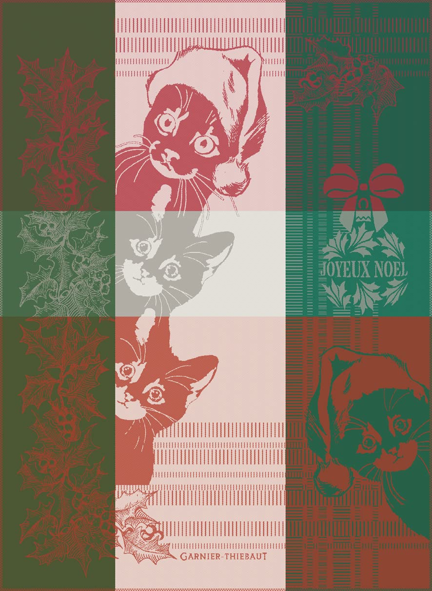 Metr Garnier-Thiebaut, Chats de NoΓ«l (Christmas Cats), Rouge French Jacquard Christmas Kitchen/Tea Towel