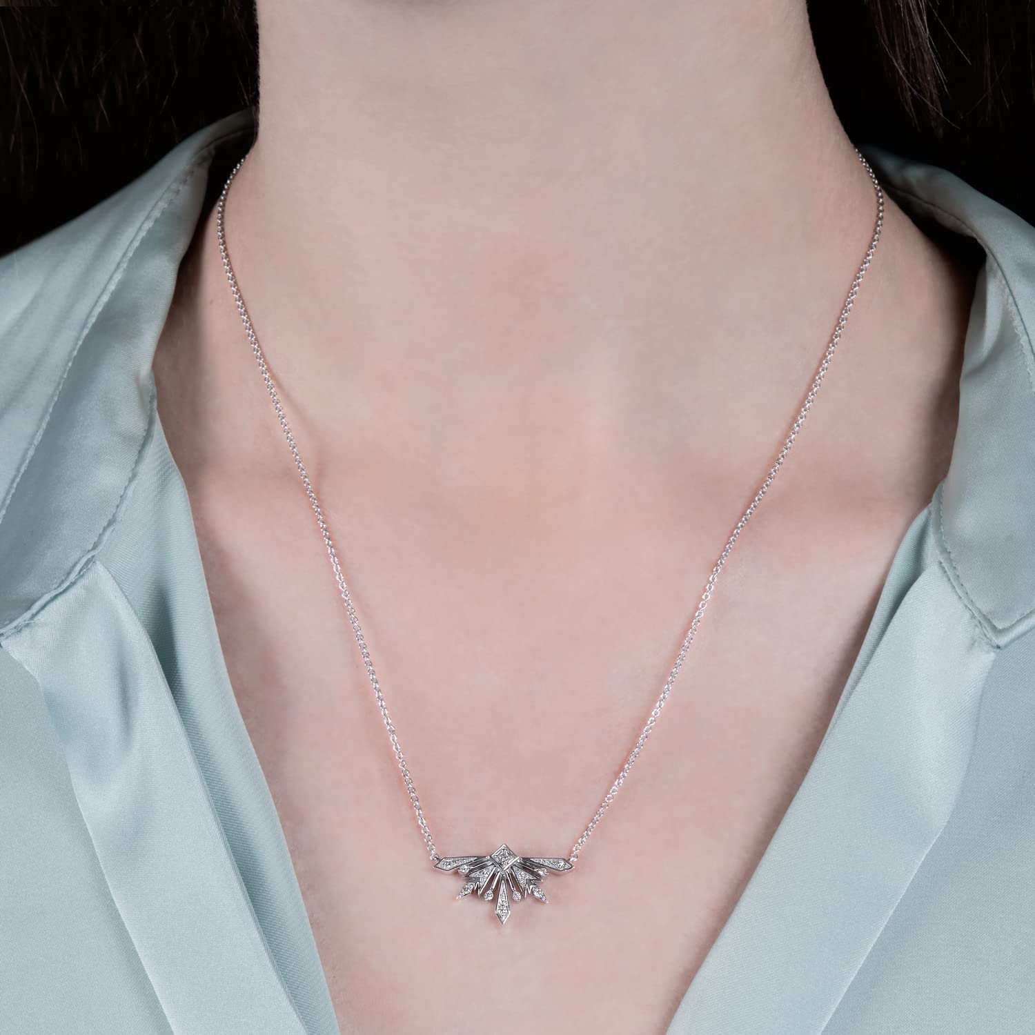 Jewelili Enchanted Disney Fine Jewelry Elsa Snowflake Necklace Pendant with Diamonds 1/6 CTTW in Sterling Silver