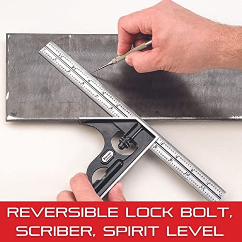 Starrett Steel Combination Square with Square Head - 12" Blade Length, Forged and Hardened Steel Heads, Reversible Lock Bolt, Scriber, 4R Graduation Type - C33H-12-4R