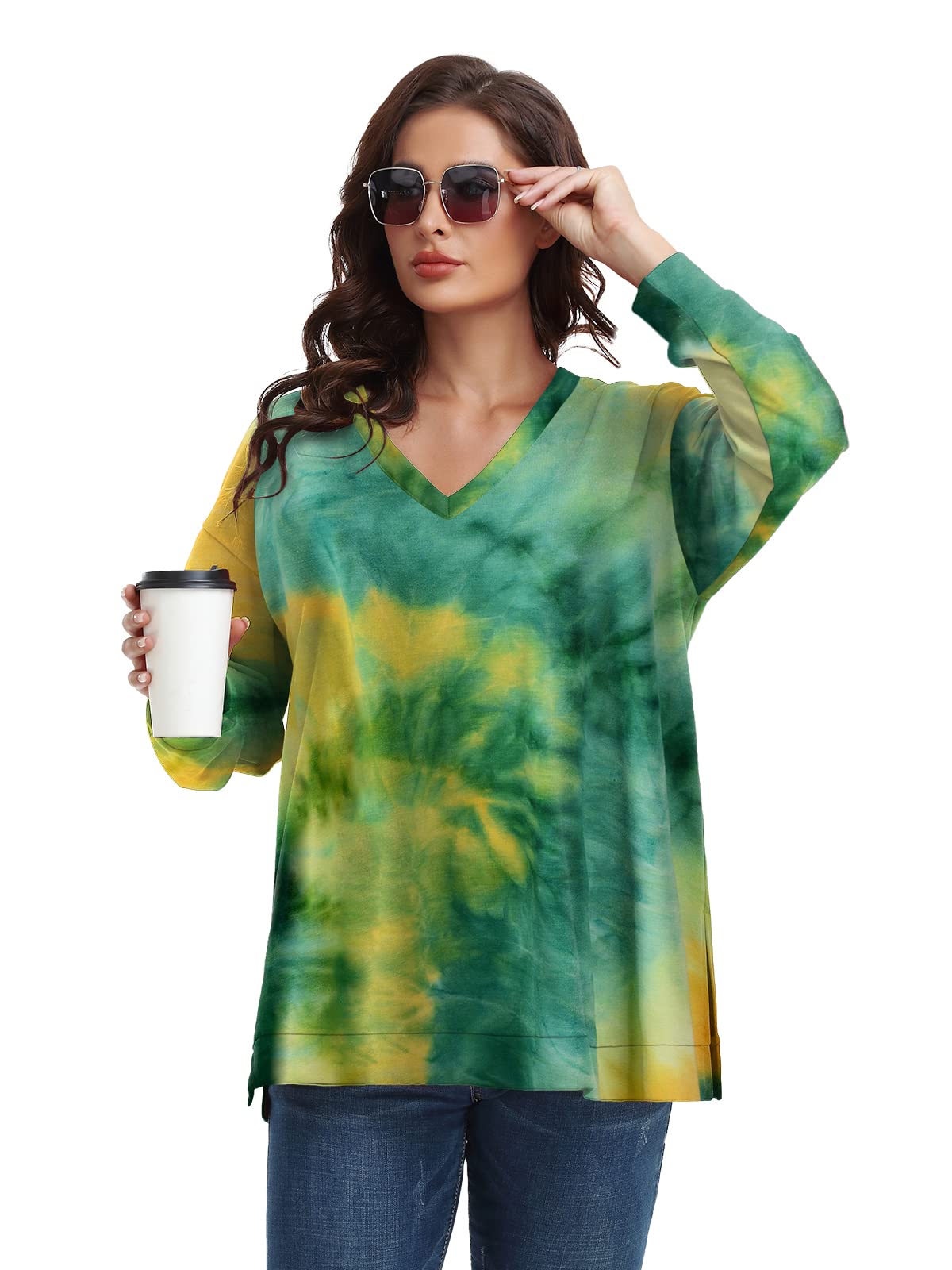 LARACE Tie Dye Sweatshirts for Women Plus Size Tops V Neck Side Split Shirt Casual Long Sleeve Pullover Tee(E-DarkGreen 4X)