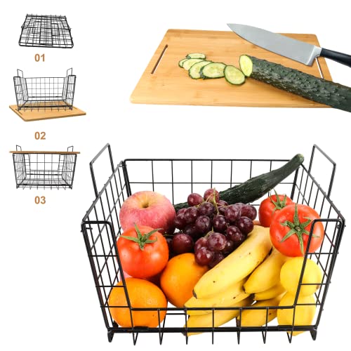 Stackable Wire Storage Baskets, TOBEFORT Fruit Basket for Kitchen Large Metal Bin for Cabinet Pantry Organization and Storage, Nesting Rectangular Basket with Wood Lid, Black