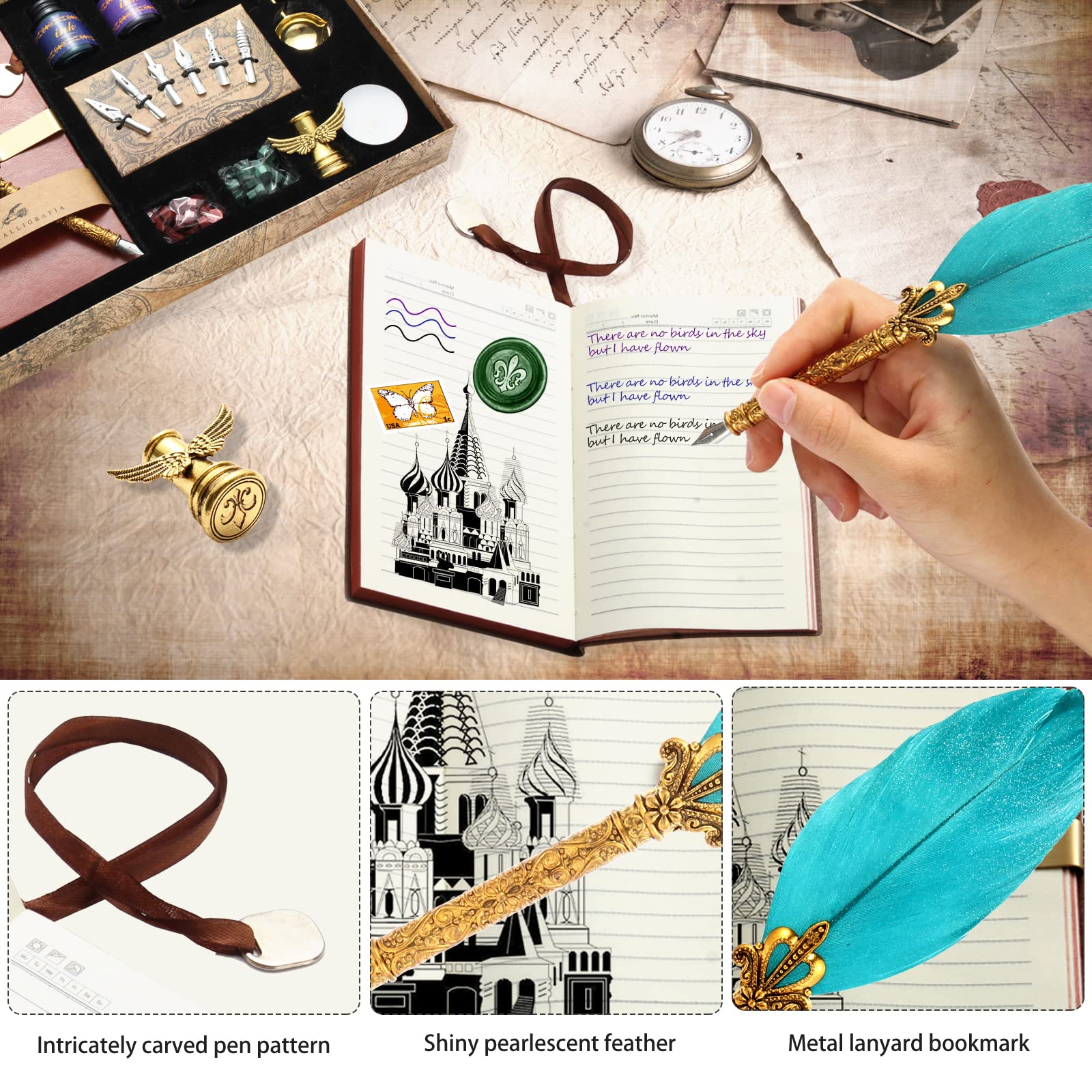 Ncesete Vintage Quill Pen and Ink Set, Includes Calligraphy Feather Dip Pen, Leather Notebook, 6 Replacement Nibs, Wax Beads, Seal Stamp Penholder, Spoon, Wax, Ink, Gift for Beginners Writing Drawing
